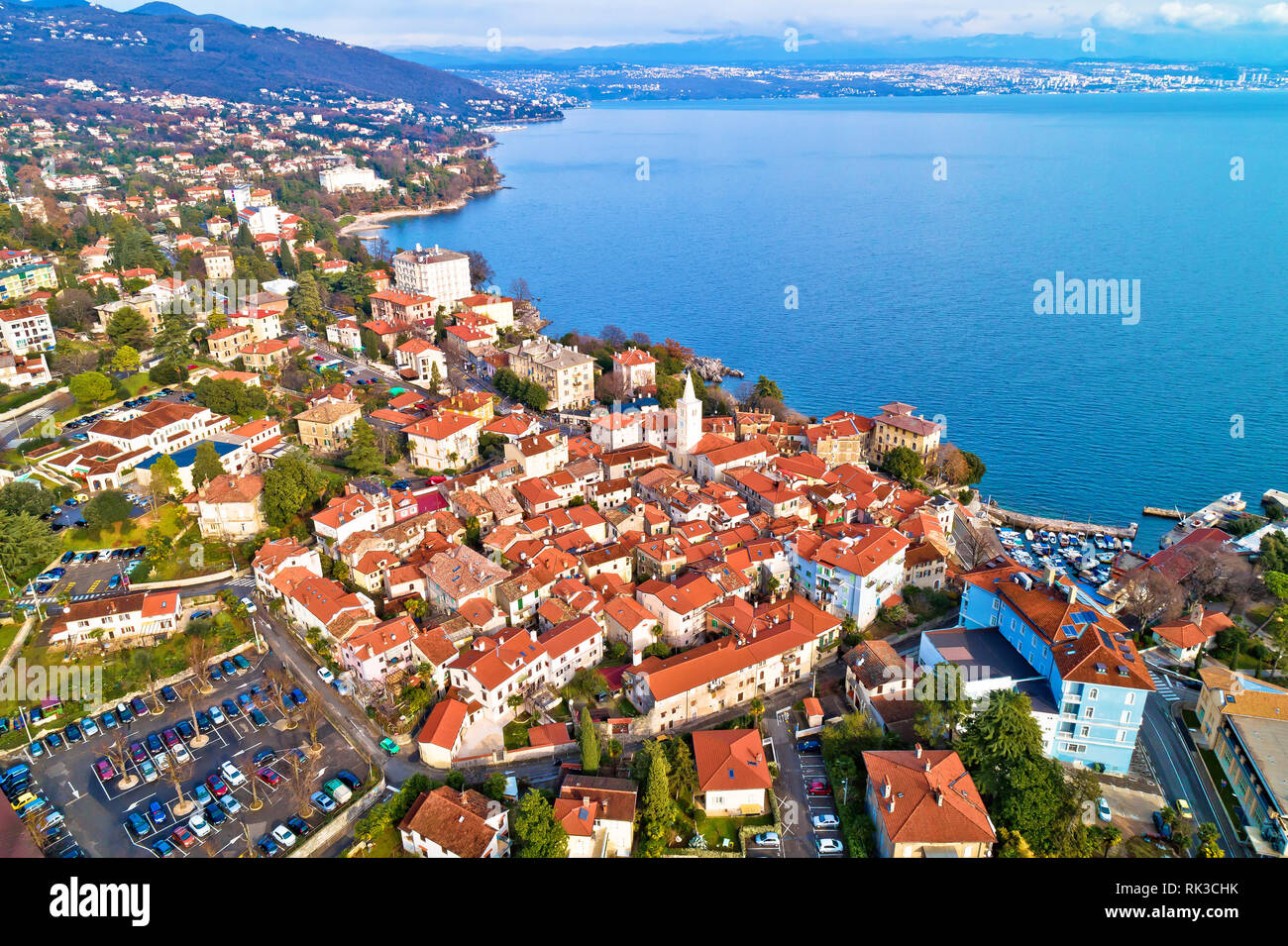 Town of Lovran and Kvarner bay aerial view, Kvarner bay of Croatia ...