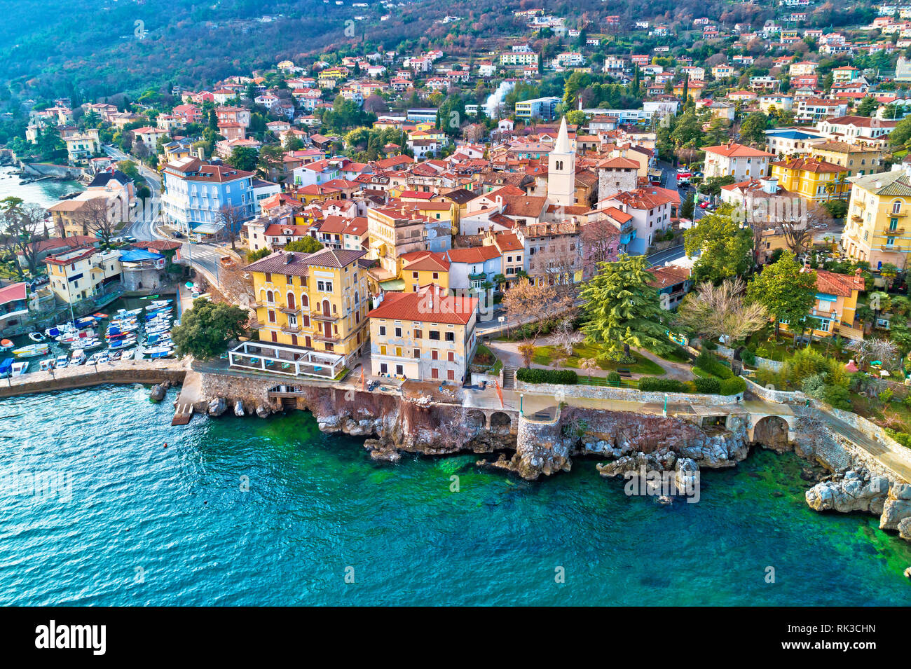 Town of Lovran and Lungomare sea walkway aerial panoramic view, Kvarner ...