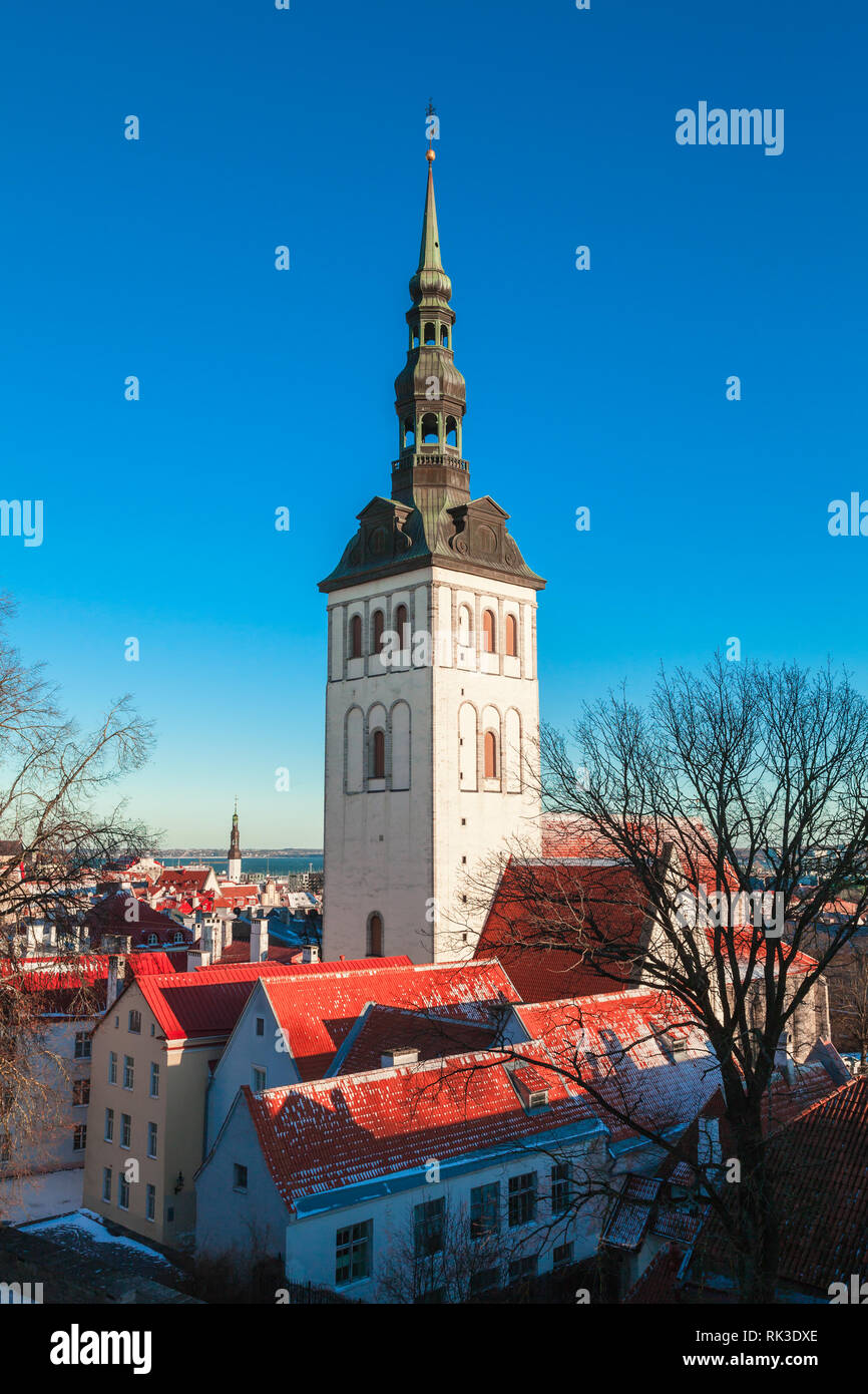 Old town of Tallinn, Estonia. Vertical photo with living houses and St ...