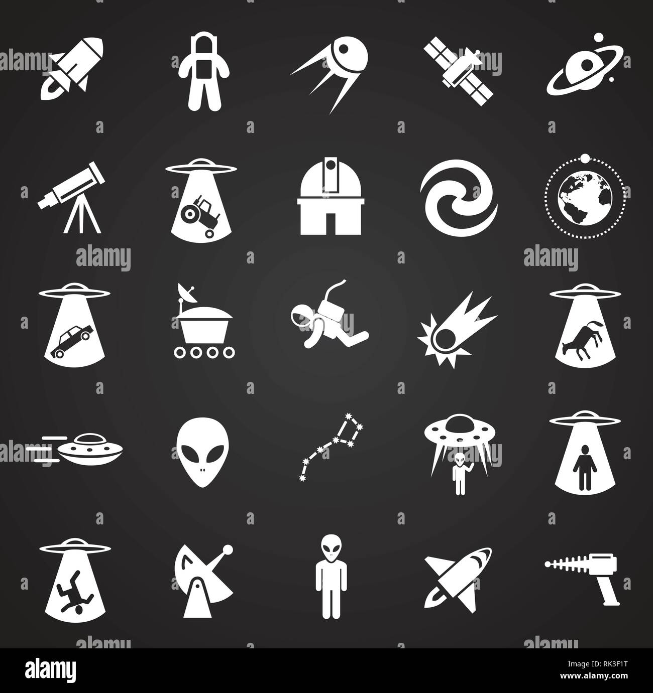 Space icons set on black background for graphic and web design, Modern ...