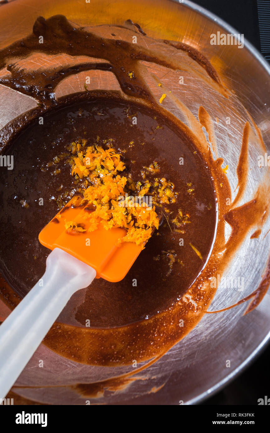 Top view of the process of melting chocolate in a water bath at home ...