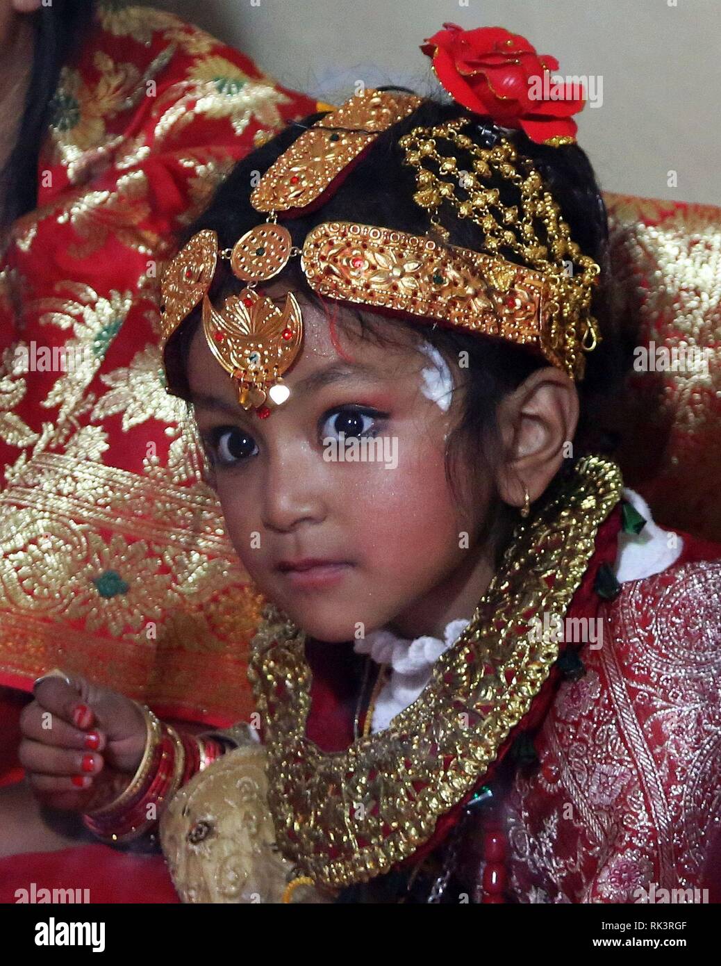 Kathmandu, Nepal. 9th Feb, 2019. A girl from Newar community attends a ...