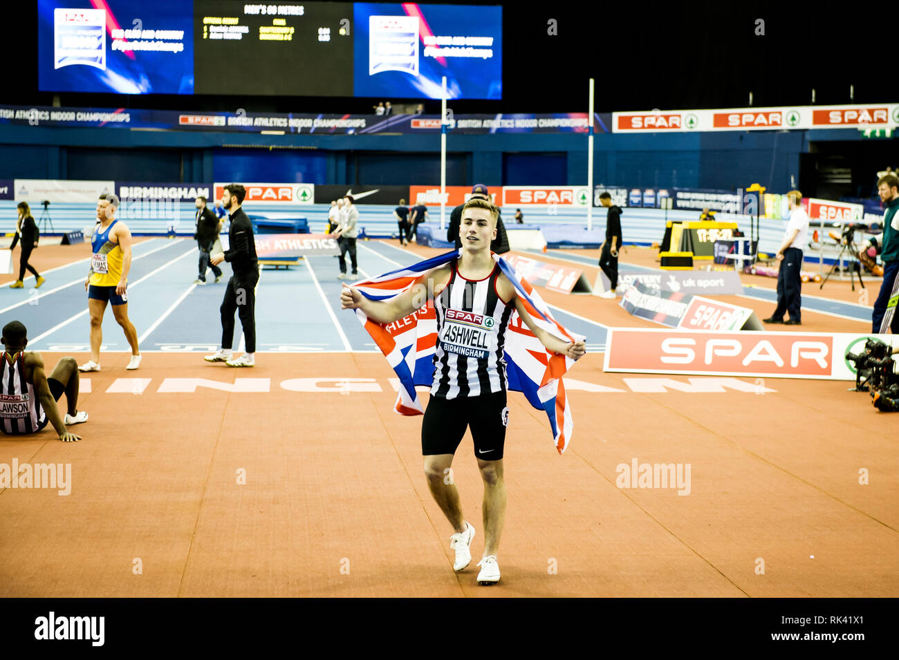 Birmingham, UK. 9th Feb, 2019. Dominic Ashwel wins Mens 60 meters Final ...