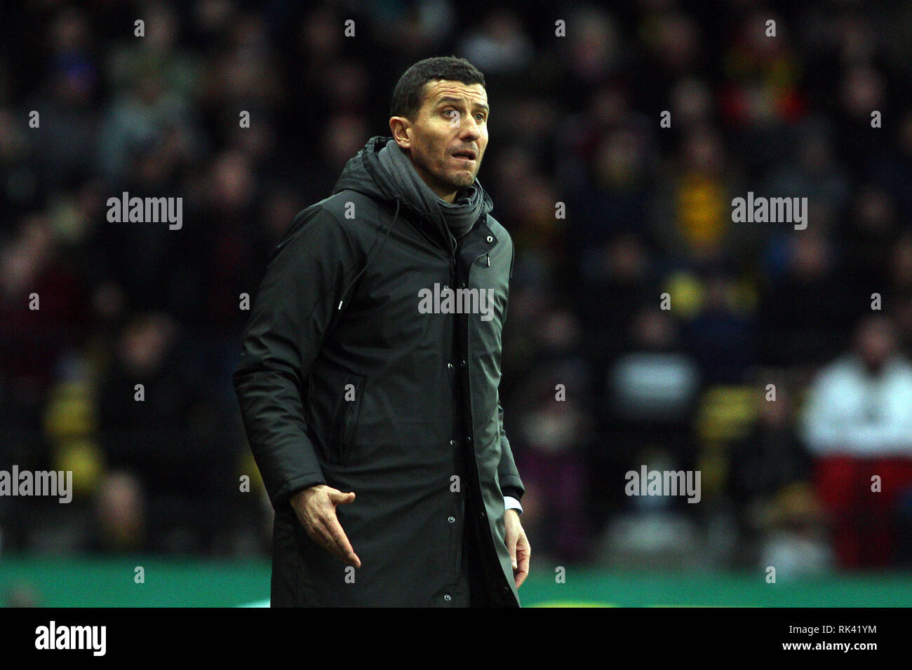 London, UK. 09th Feb, 2019. Watford Manager Javi Garcia looks on from the touchline. EPL Premier ...