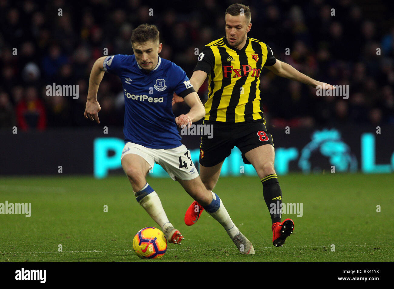 London, UK. 09th Feb, 2019. Jonjoe Kenny of Everton (L) in action with ...