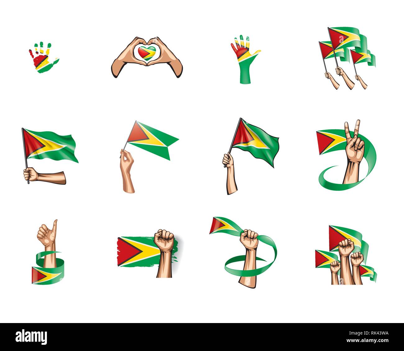 Guyana flag and hand on white background. Vector illustration Stock ...