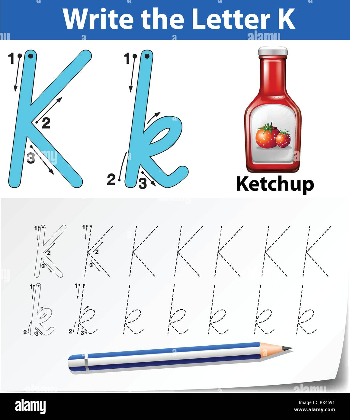 Letter K tracing alphabet worksheets illustration Stock Vector Image ...