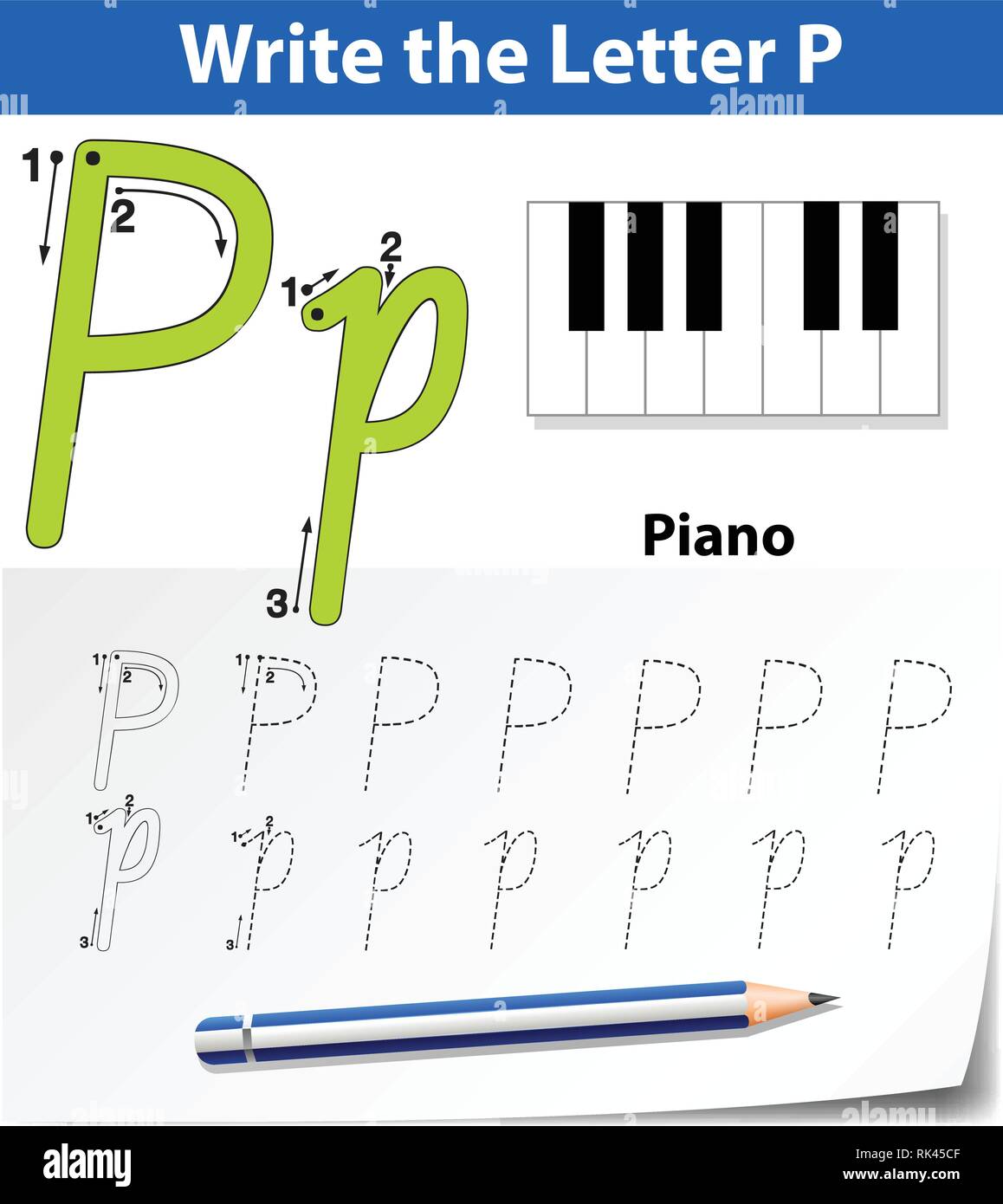 Letter P tracing alphabet worksheets illustration Stock Vector Image ...