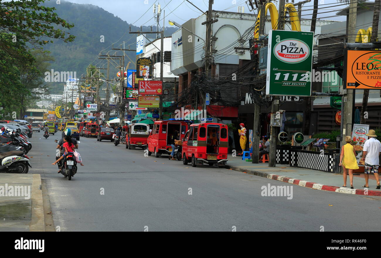 Phuket, Thailand - View of a street with shops and restaurants in ...