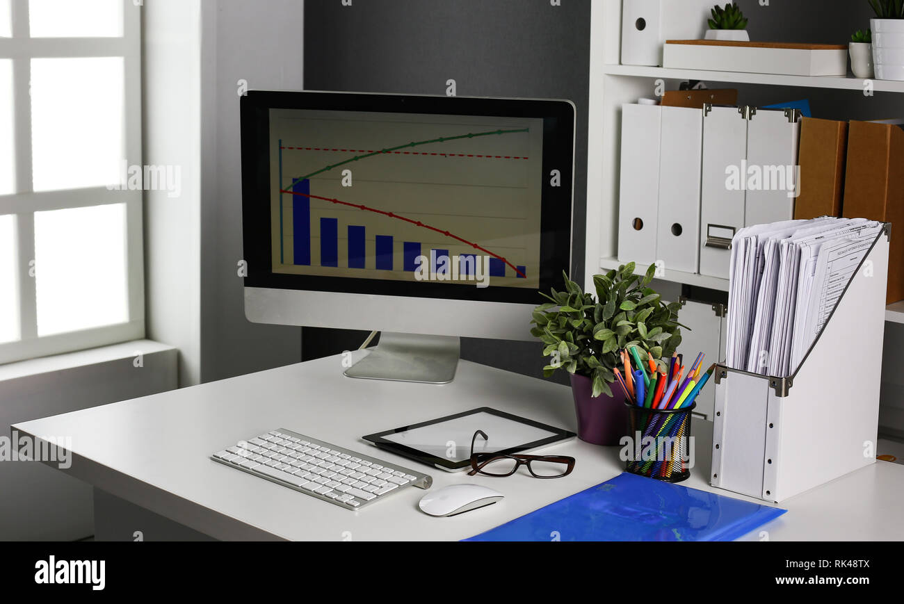 Workspace desktop, documents on the office table Stock Photo - Alamy