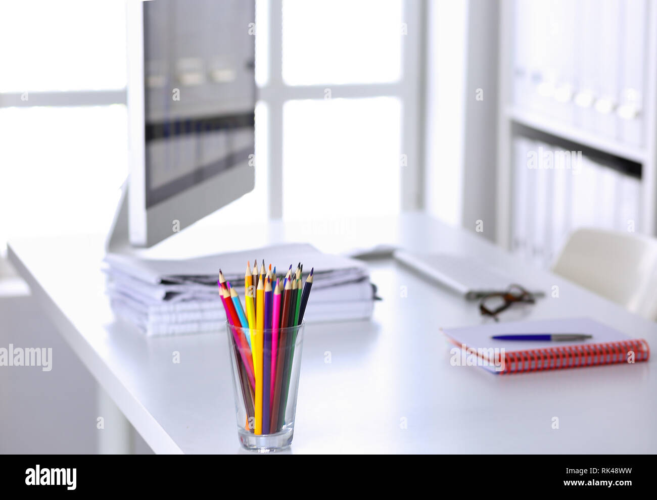 Workspace desktop, documents on the office table Stock Photo - Alamy