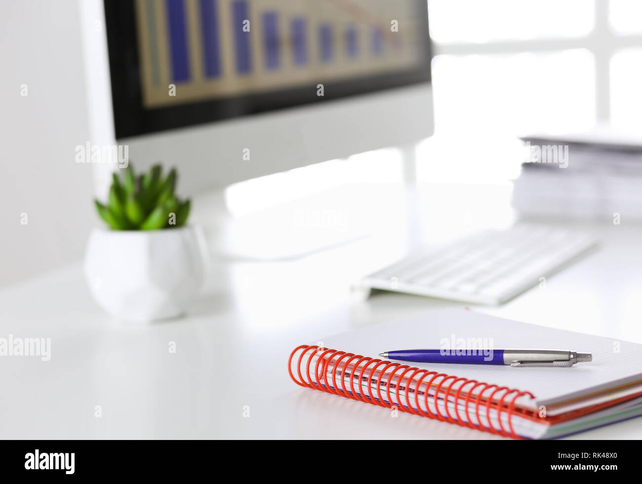 Workspace desktop, documents on the office table Stock Photo - Alamy