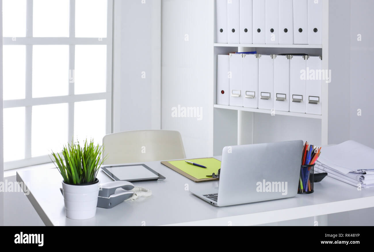 Workspace desktop, documents on the office table Stock Photo - Alamy