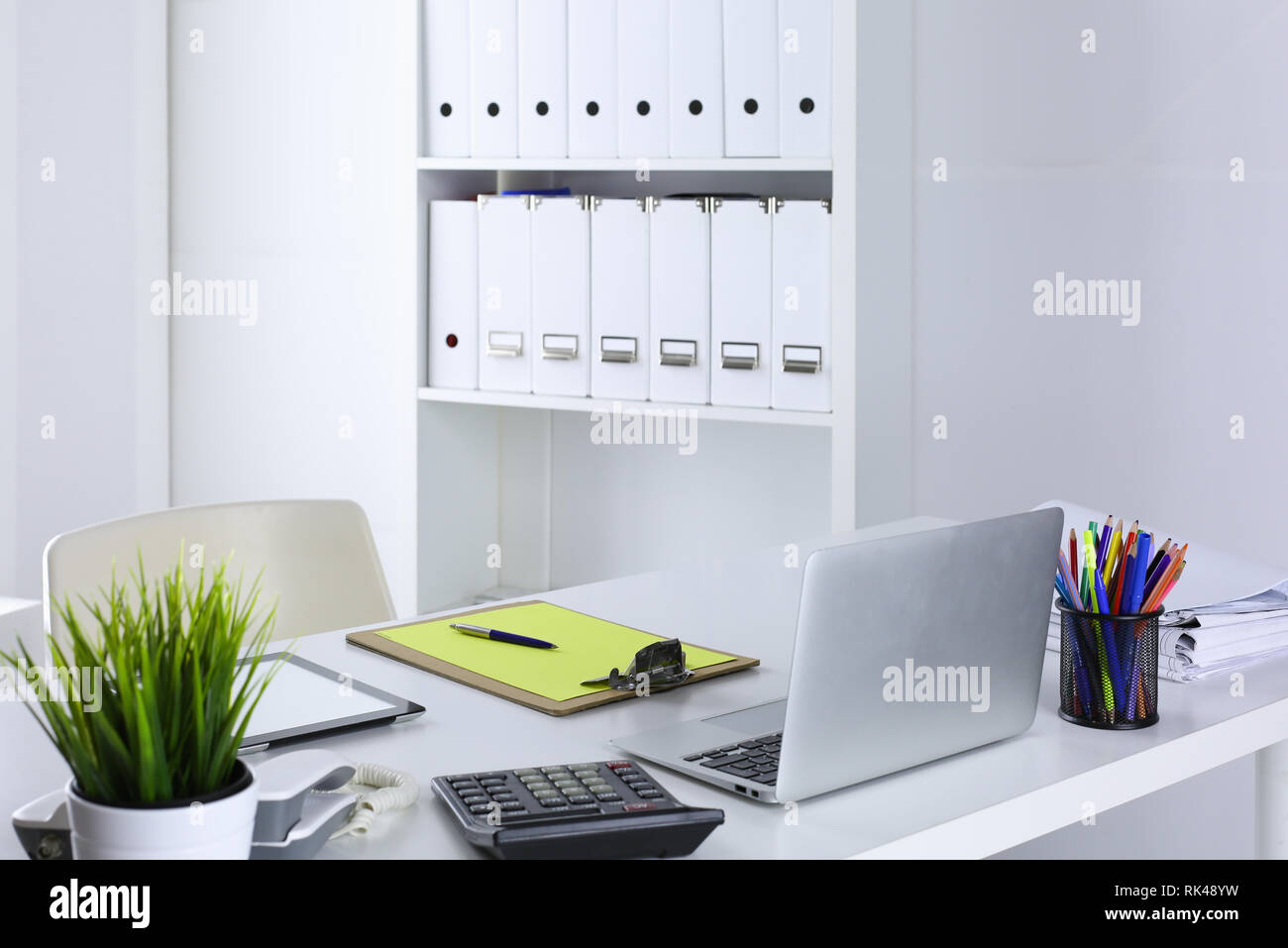 Workspace desktop, documents on the office table Stock Photo - Alamy
