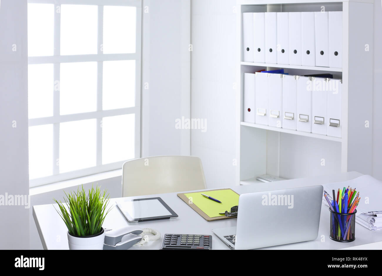 Workspace desktop, documents on the office table Stock Photo - Alamy