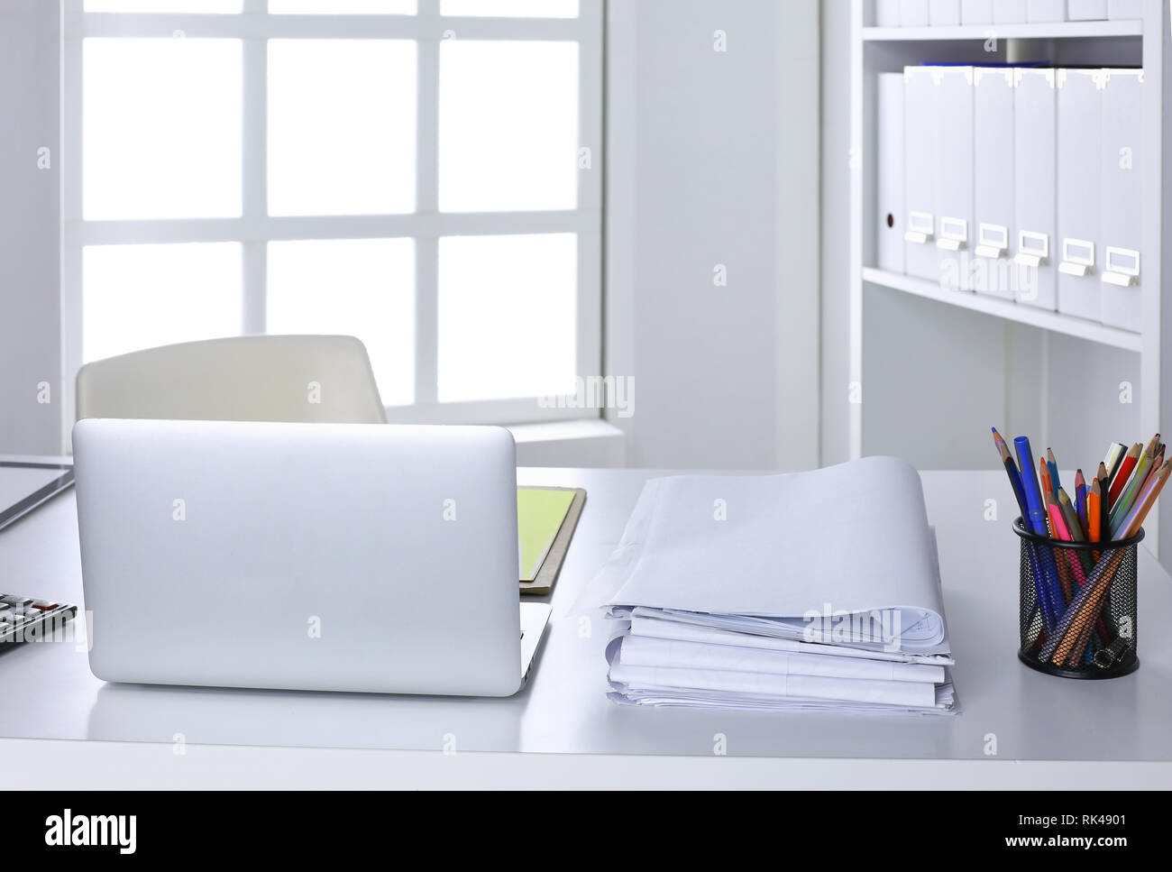 Workspace desktop, documents on the office table Stock Photo - Alamy
