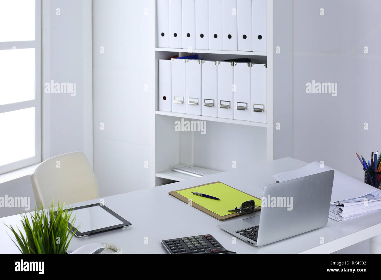 Workspace desktop, documents on the office table Stock Photo - Alamy