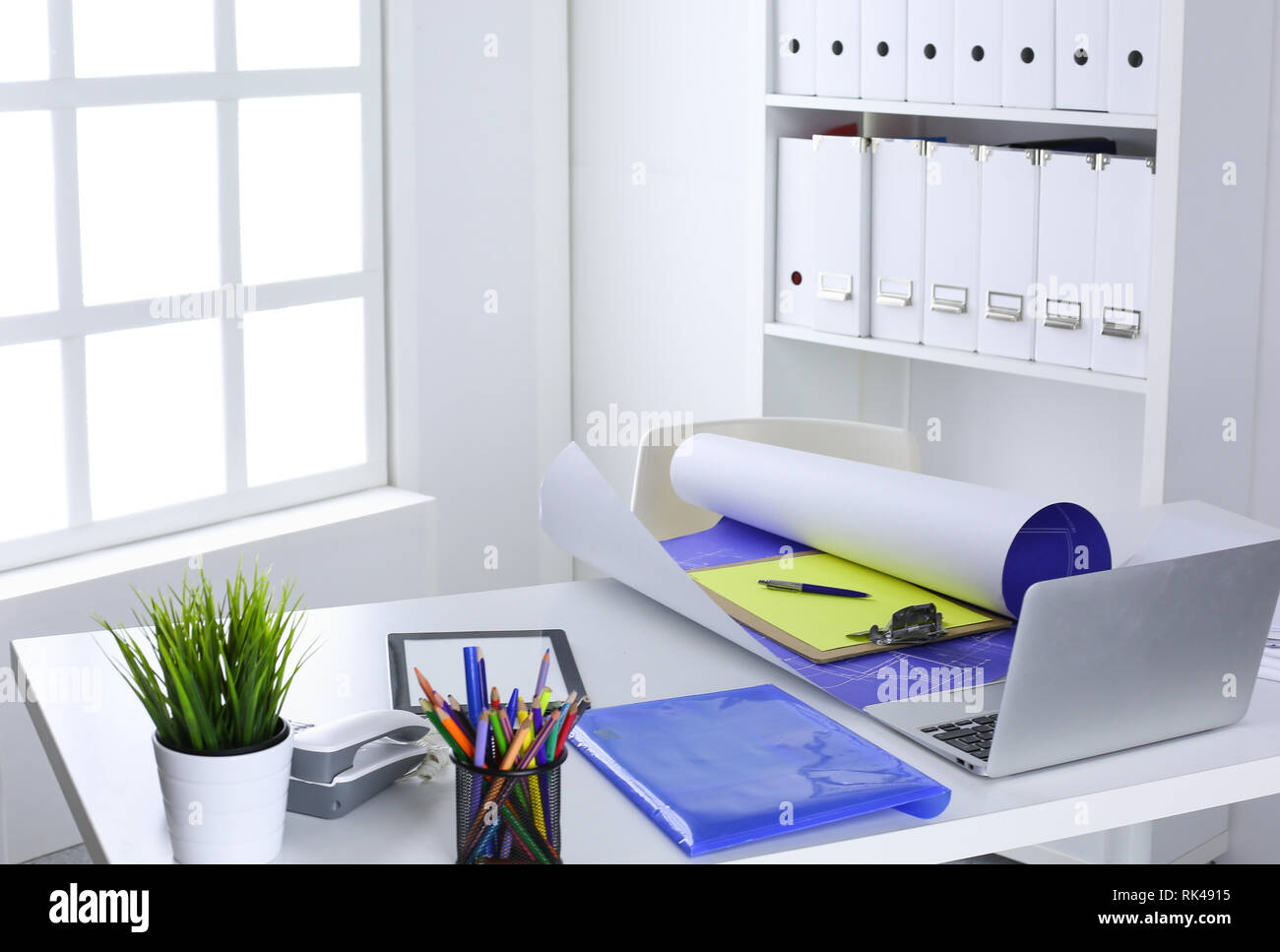 Workspace desktop, documents on the office table Stock Photo - Alamy