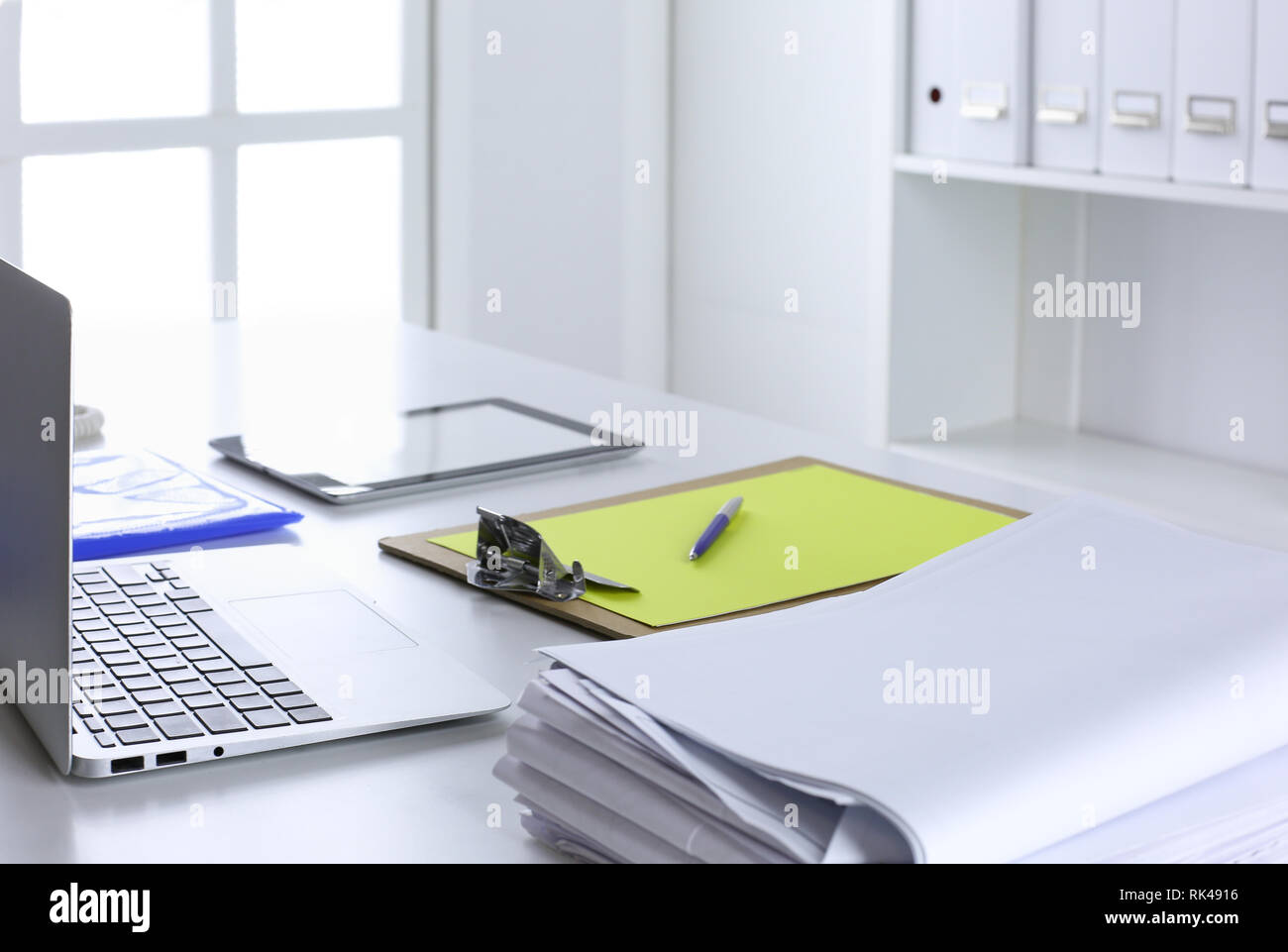 Workspace desktop, documents on the office table Stock Photo - Alamy