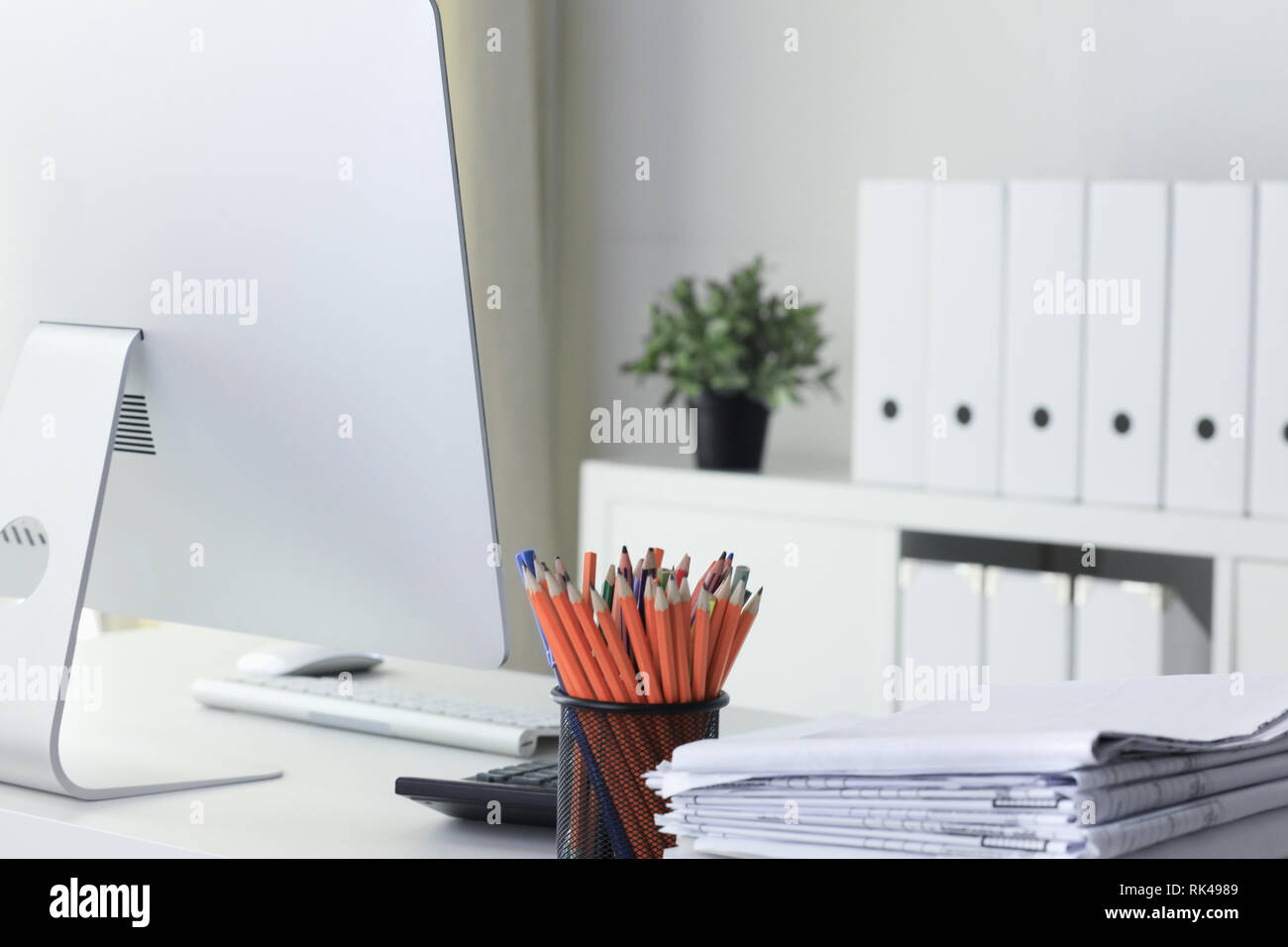 Workspace desktop, documents on the office table Stock Photo - Alamy