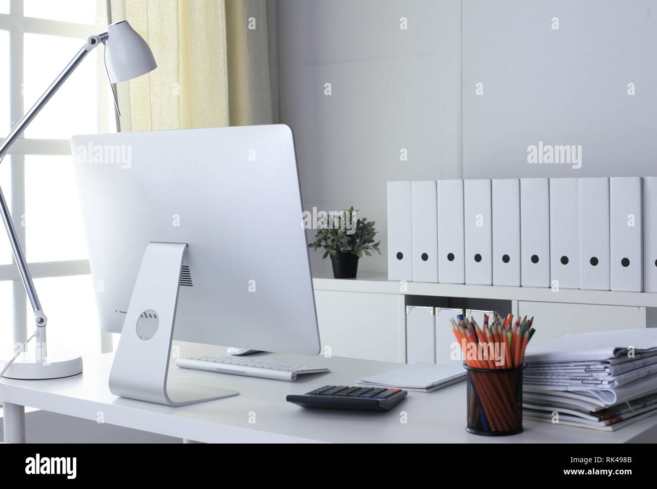 Workspace desktop, documents on the office table Stock Photo - Alamy