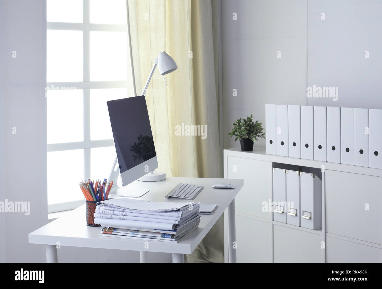 Workspace desktop, documents on the office table Stock Photo - Alamy