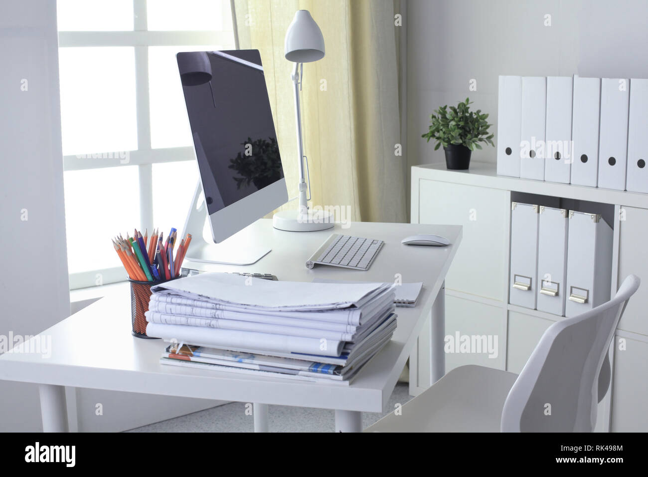 Workspace desktop, documents on the office table Stock Photo - Alamy