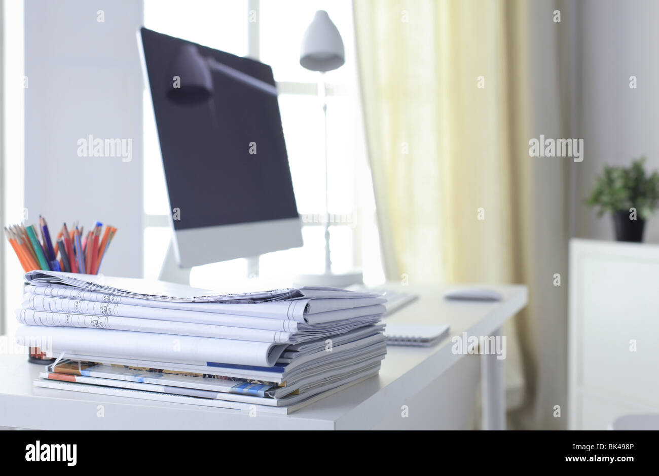 Workspace desktop, documents on the office table Stock Photo - Alamy