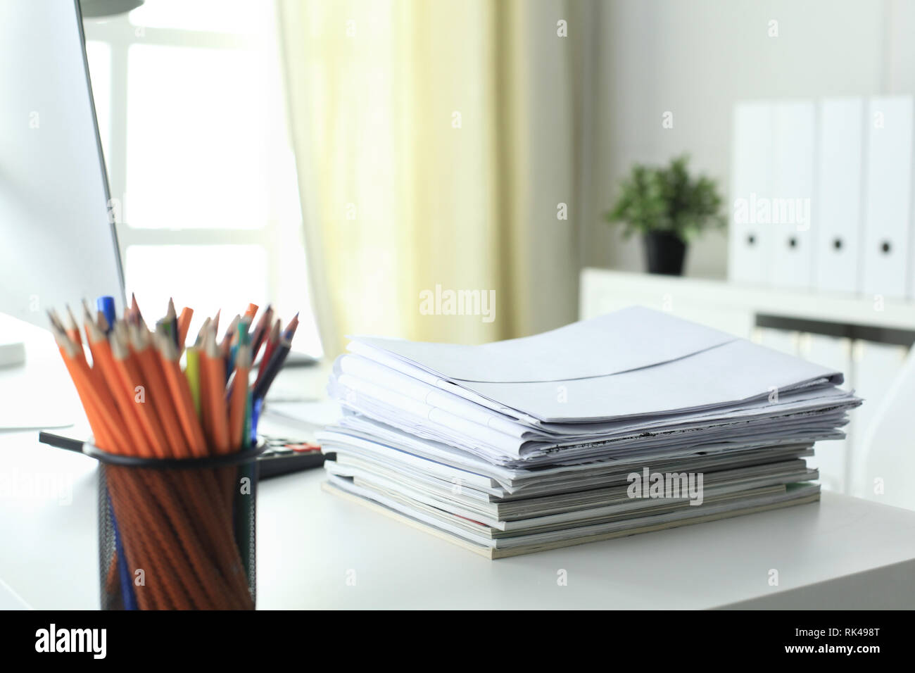 Workspace desktop, documents on the office table Stock Photo - Alamy