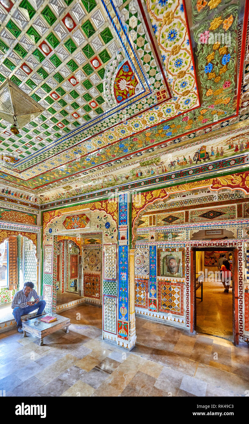 colorful mirrored room inside Kothari Patwa Haveli, Jaisalmer ...