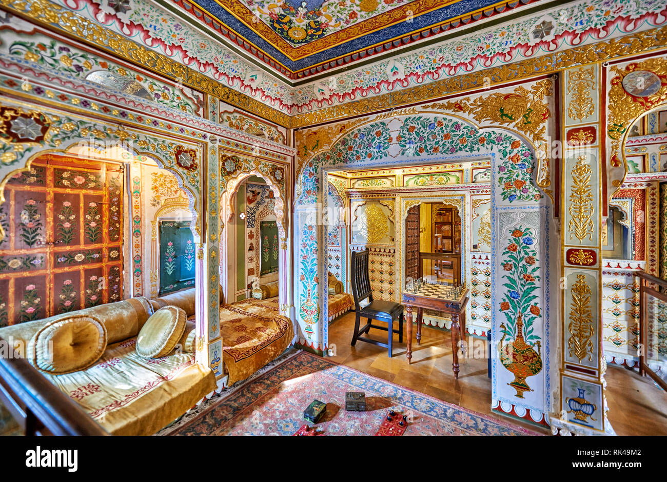 interior shot of ornated and decorated Kothari Patwa Haveli, Jaisalmer ...