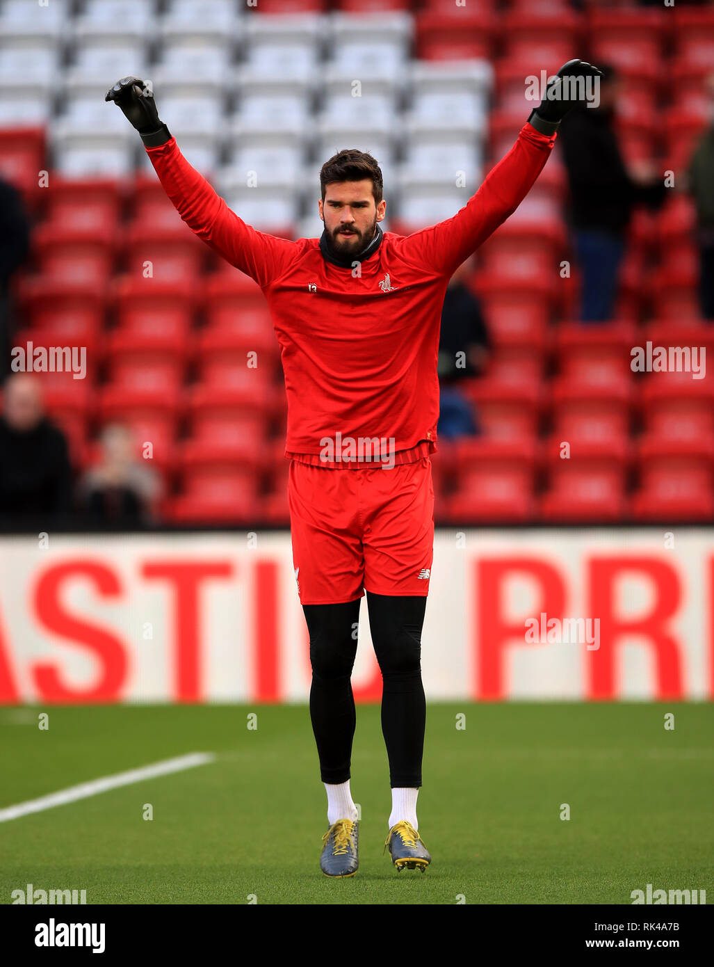 Liverpool goalkeeper Alisson Becker warms up before the Premier League ...