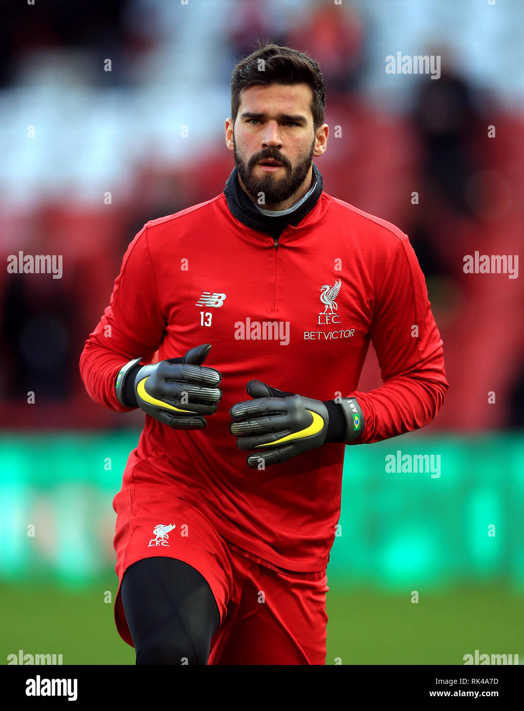 Liverpool goalkeeper Alisson Becker warms up before the Premier League ...