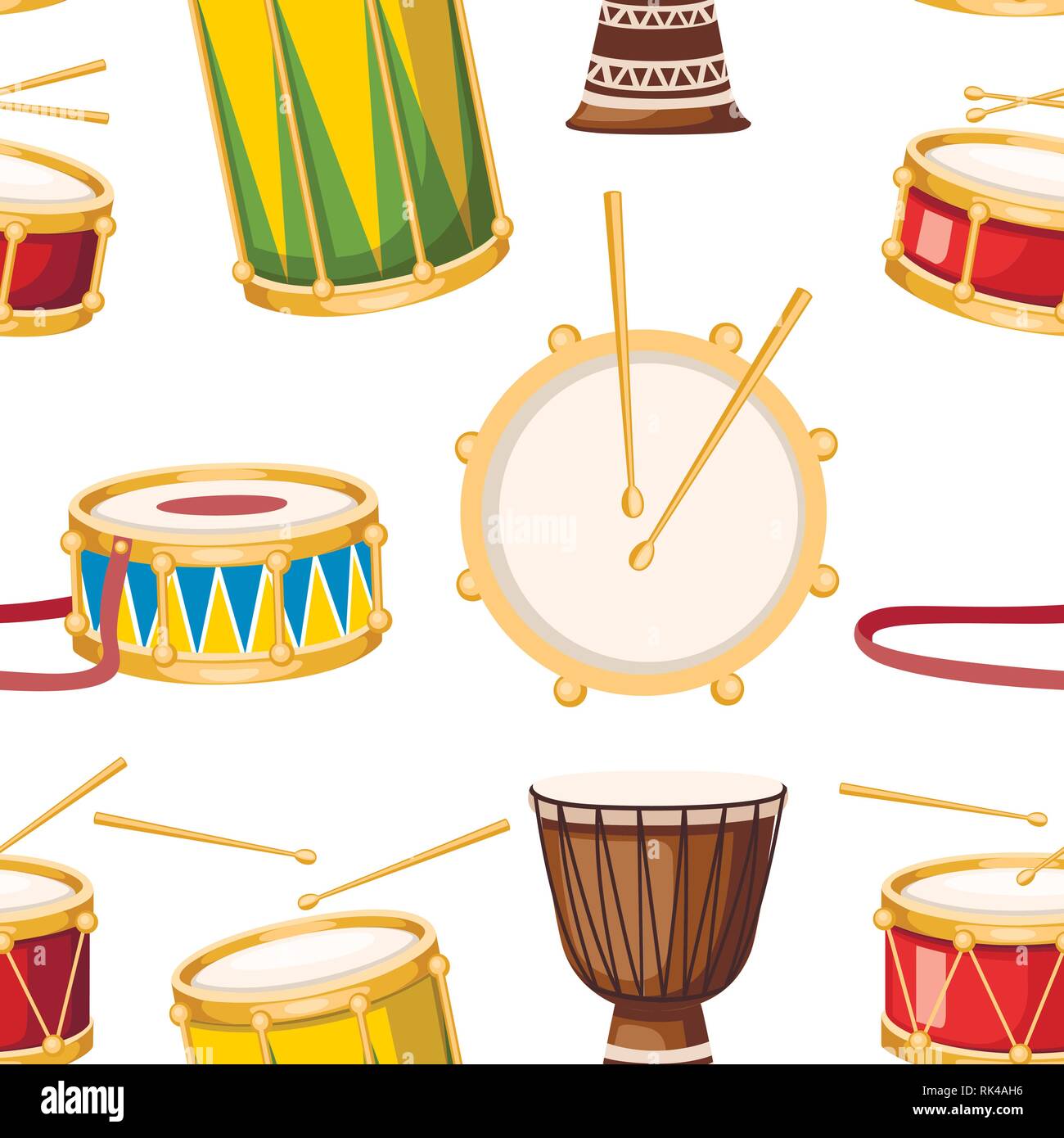 Seamless pattern. Colored drums with drumsticks icon set. Collection of ...