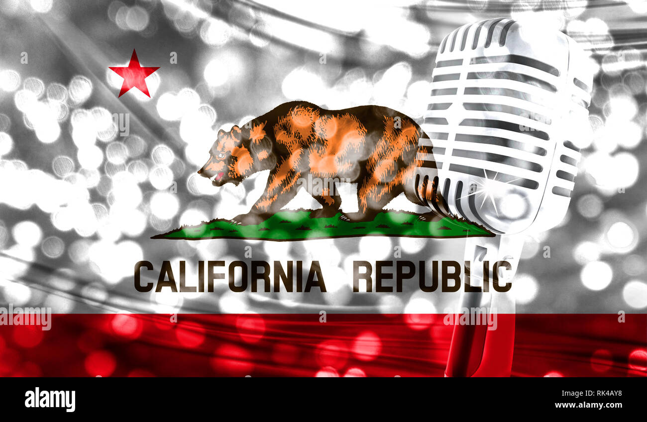 Microphone on a background of a blurry State of California flag close ...