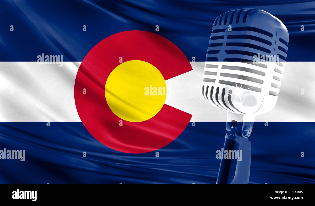 Microphone on fabric background of flag State of Colorado close-up ...