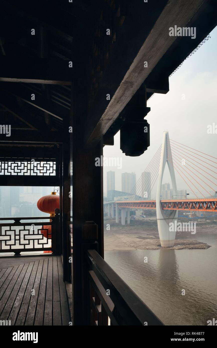 Hongyadong complex with bridge and city urban architecture in Chongqing ...