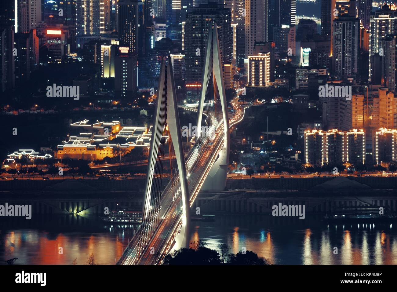 Bridge and city urban architecture at night in Chongqing, China Stock ...