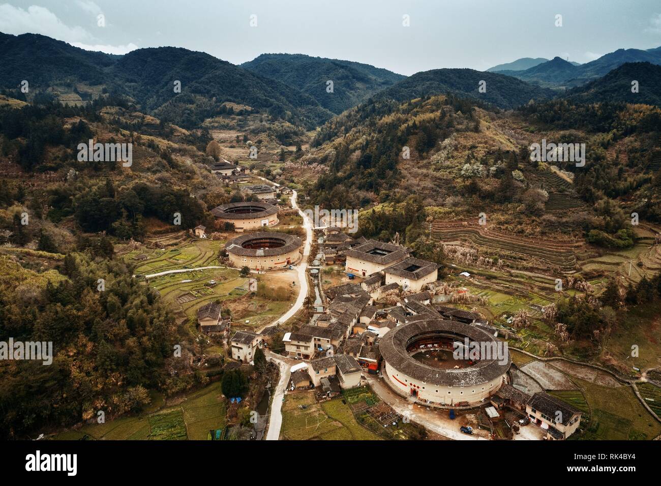 Aerial view of Tulou, the unique dwellings of Hakka in Fujian, China ...