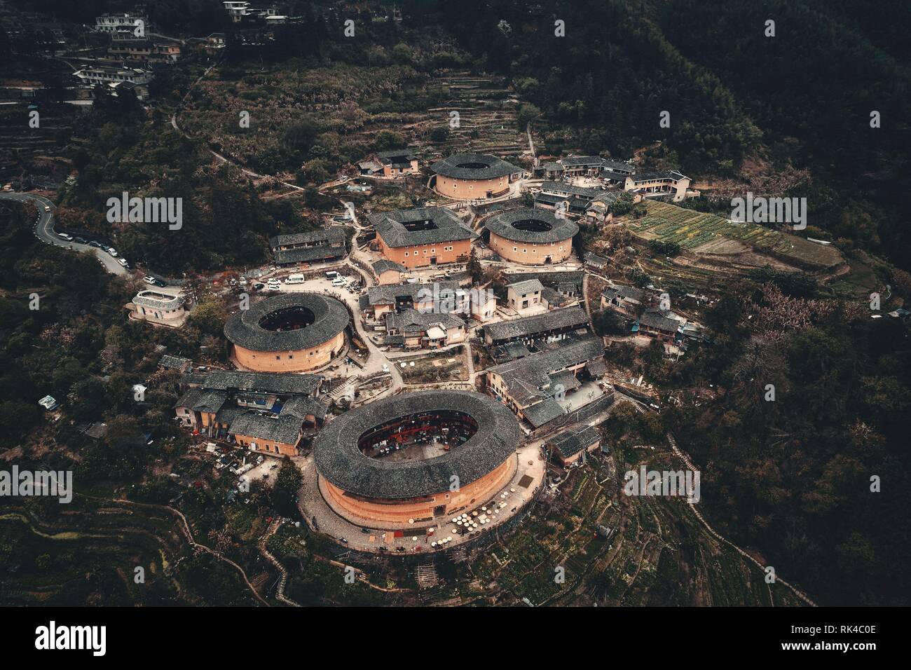 Aerial view of Tulou, the unique dwellings of Hakka in Fujian, China ...