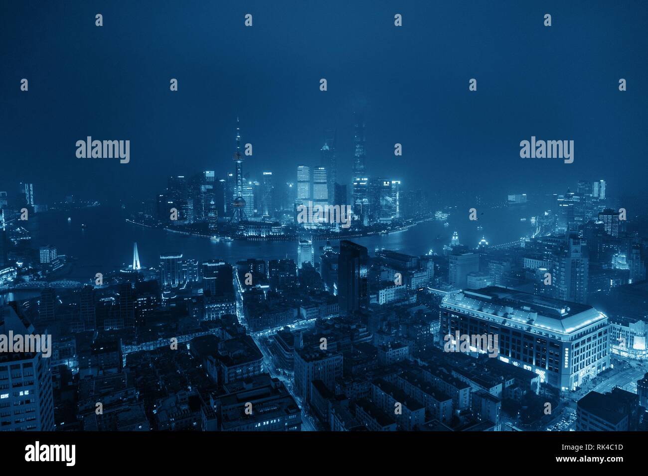 Shanghai aerial night view from above with city skyline and skyscrapers ...