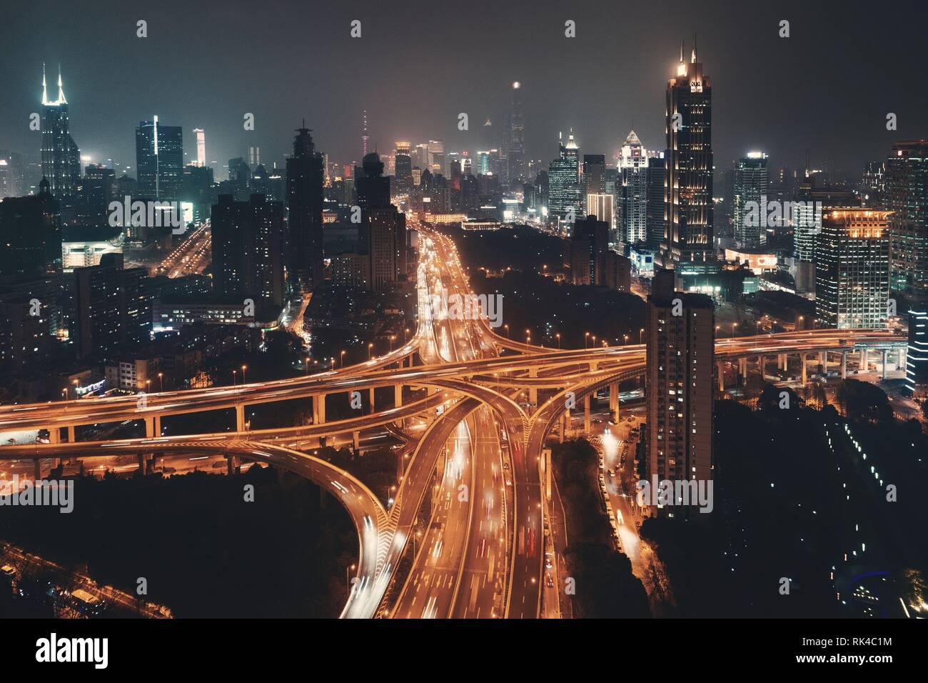 Shanghai Yanan Road overpass bridge at night with heavy traffic in ...