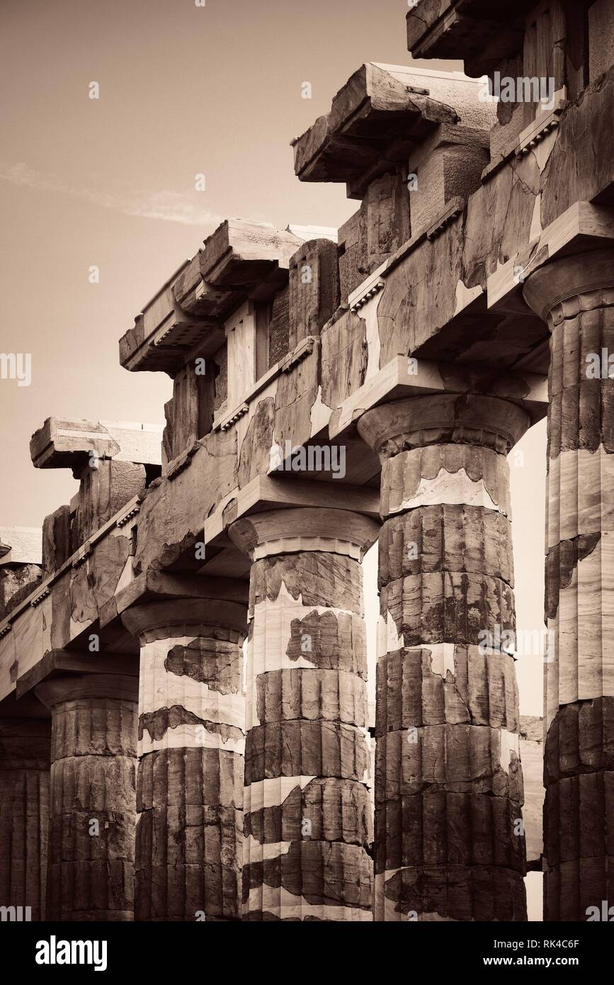 Columns closeup view of Acropolis historical ruins in Athens, Greece ...