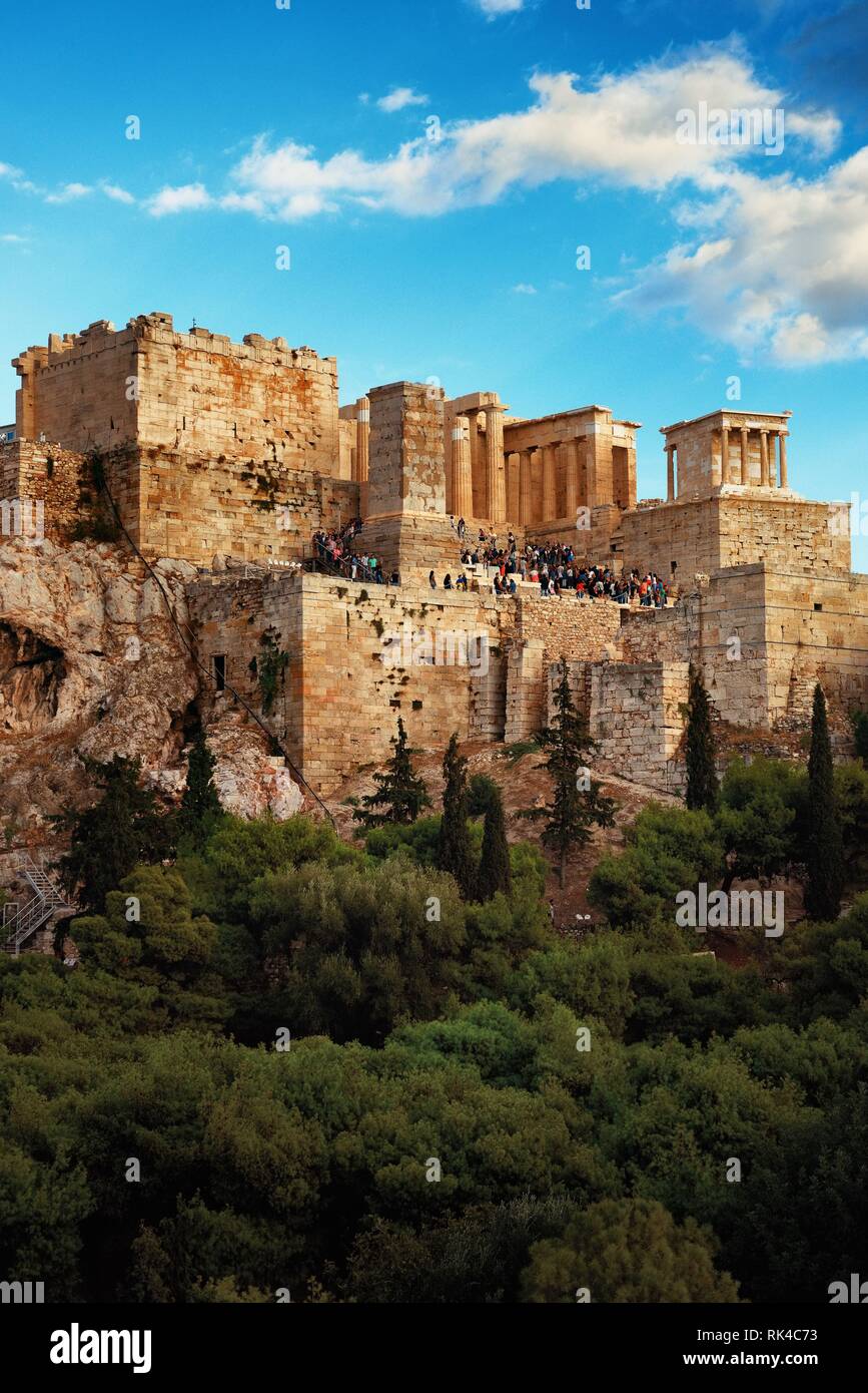 Acropolis historical ruins on top of mountain in Athens, Greece Stock ...