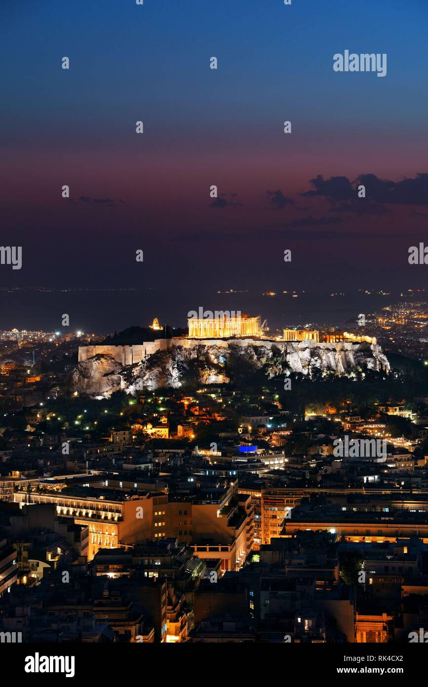 Athens skyline at night viewed from Mt Lykavitos with Acropolis, Greece ...
