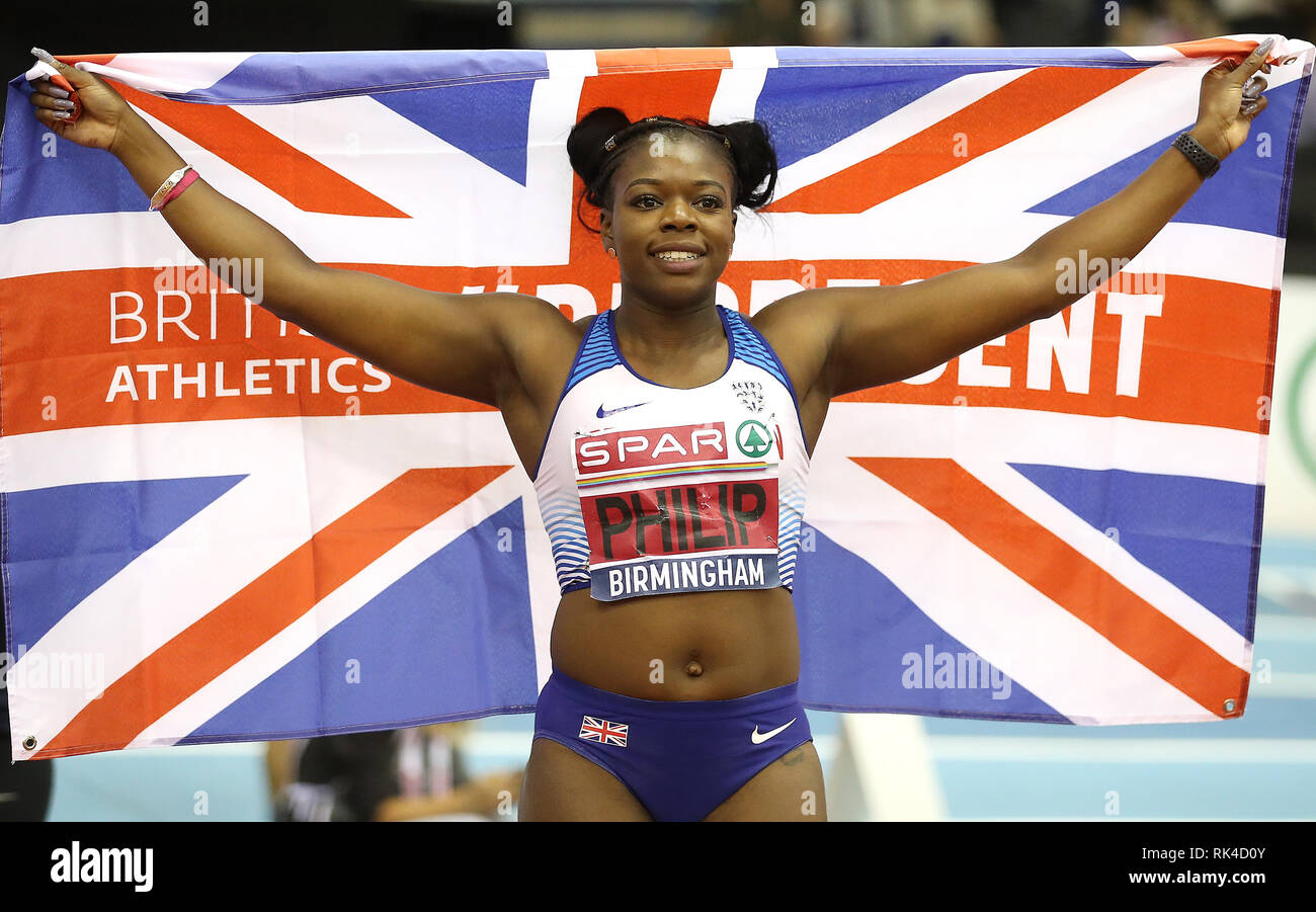 Asha Philip celebrates winning the Women's 60m final, during day one of ...