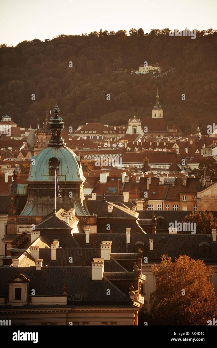 Prague skyline rooftop view with church and dome in Czech Republic ...