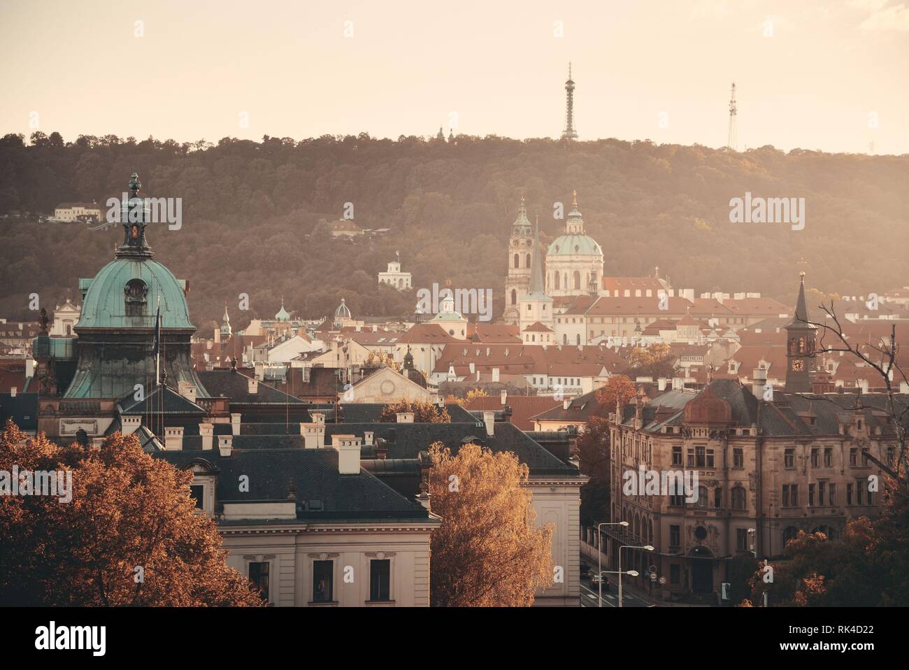 Prague skyline rooftop view with church and dome in Czech Republic ...