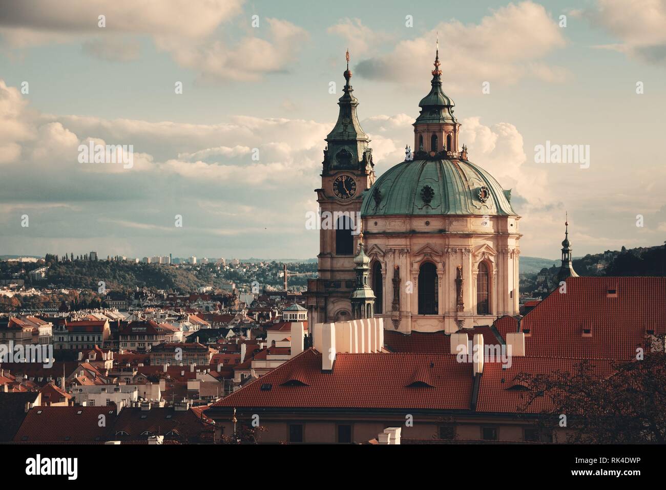 Prague skyline rooftop view with church and dome in Czech Republic ...