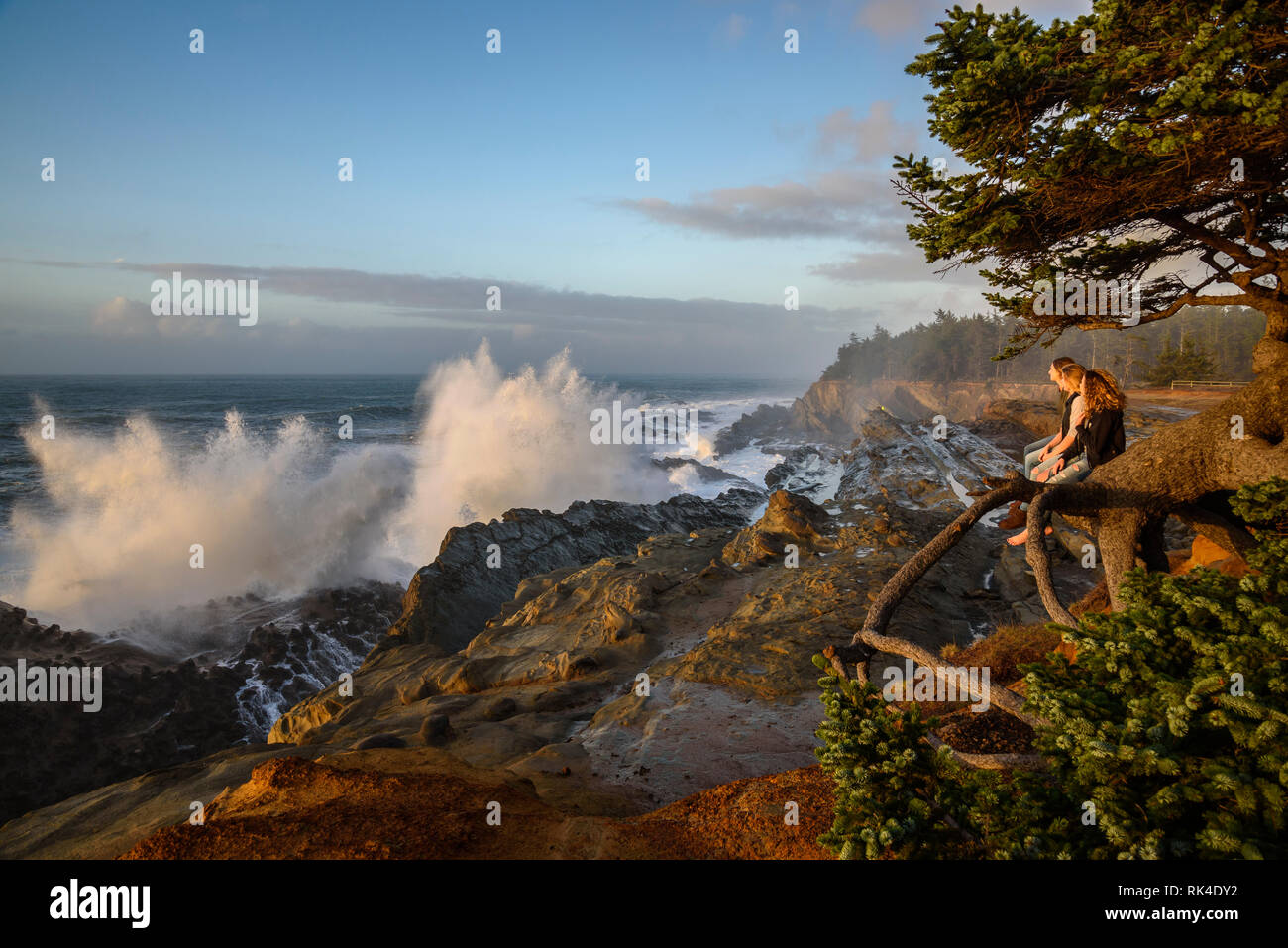 Three women watching storm surf crashing on the rocks at Shore Acres ...